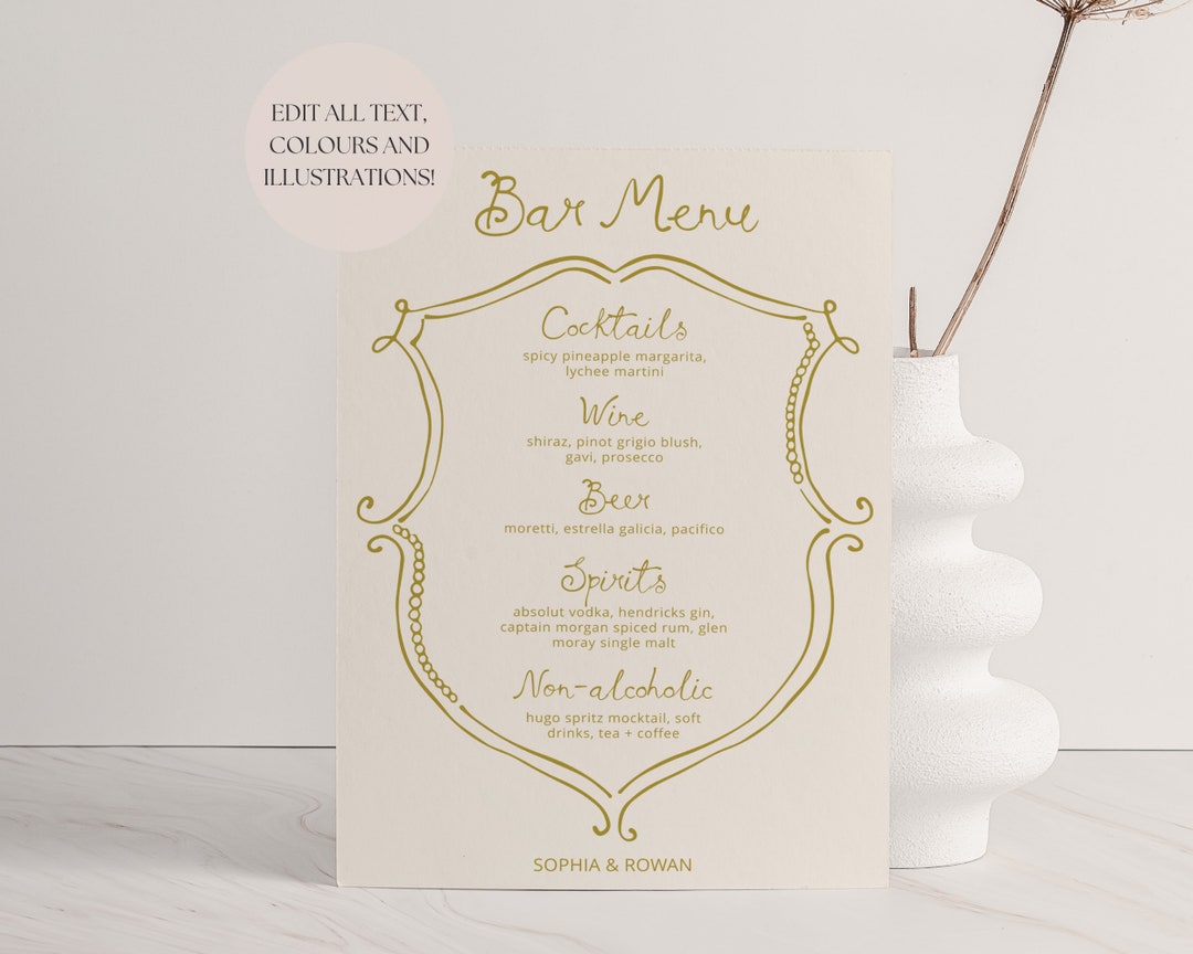 Hand Drawn Wedding Bar Sign Handwritten Illustrated Drinks Menu Wedding ...
