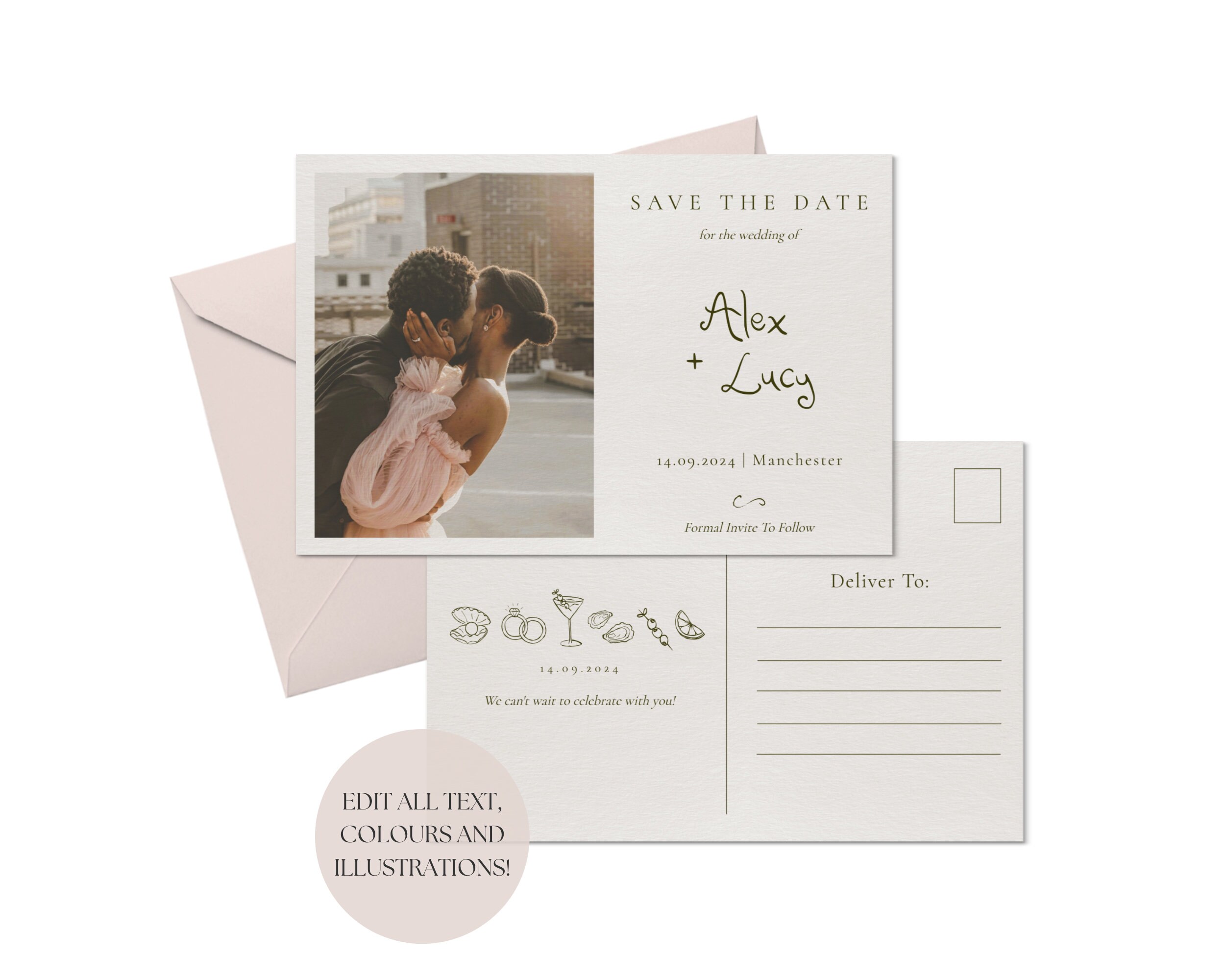 Photo Save the Date Postcard Template Hand Drawn Illustrations Double ...