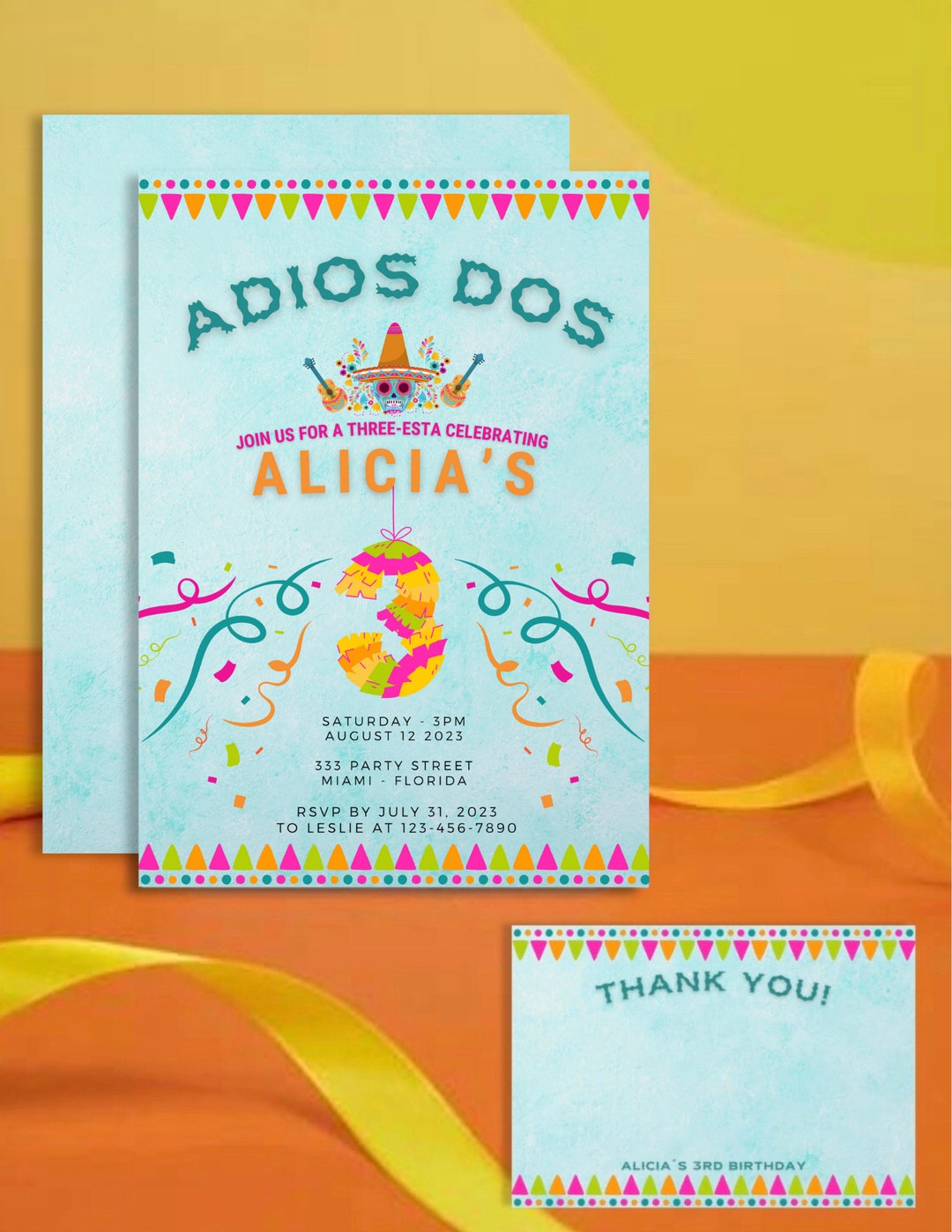 Adios Dos Fiesta (three-esta) Themed Bundle, Third Birthday Invitation ...