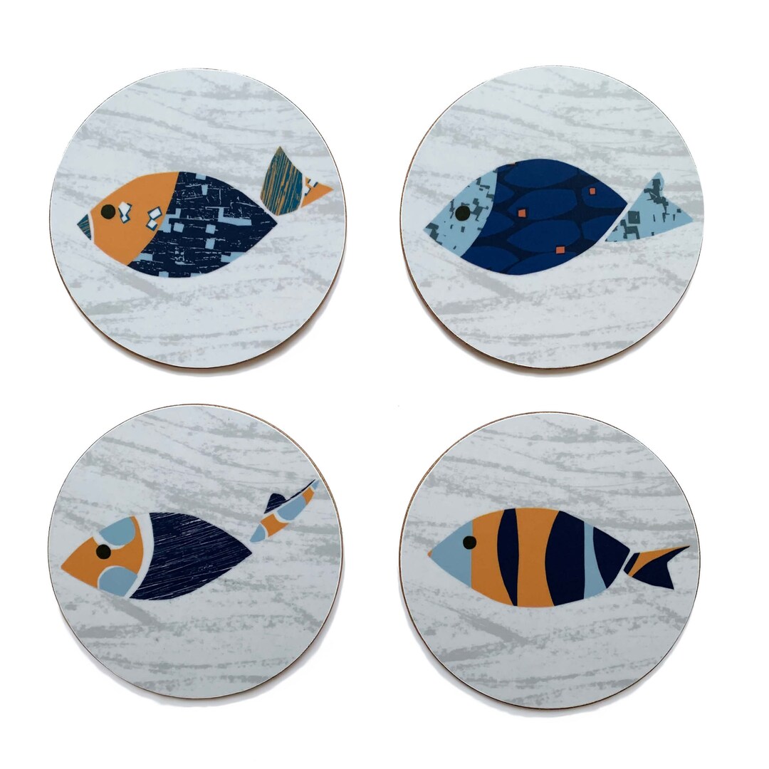 Set of 4 Fish Coasters - Melamine With a Cork Backing - Etsy