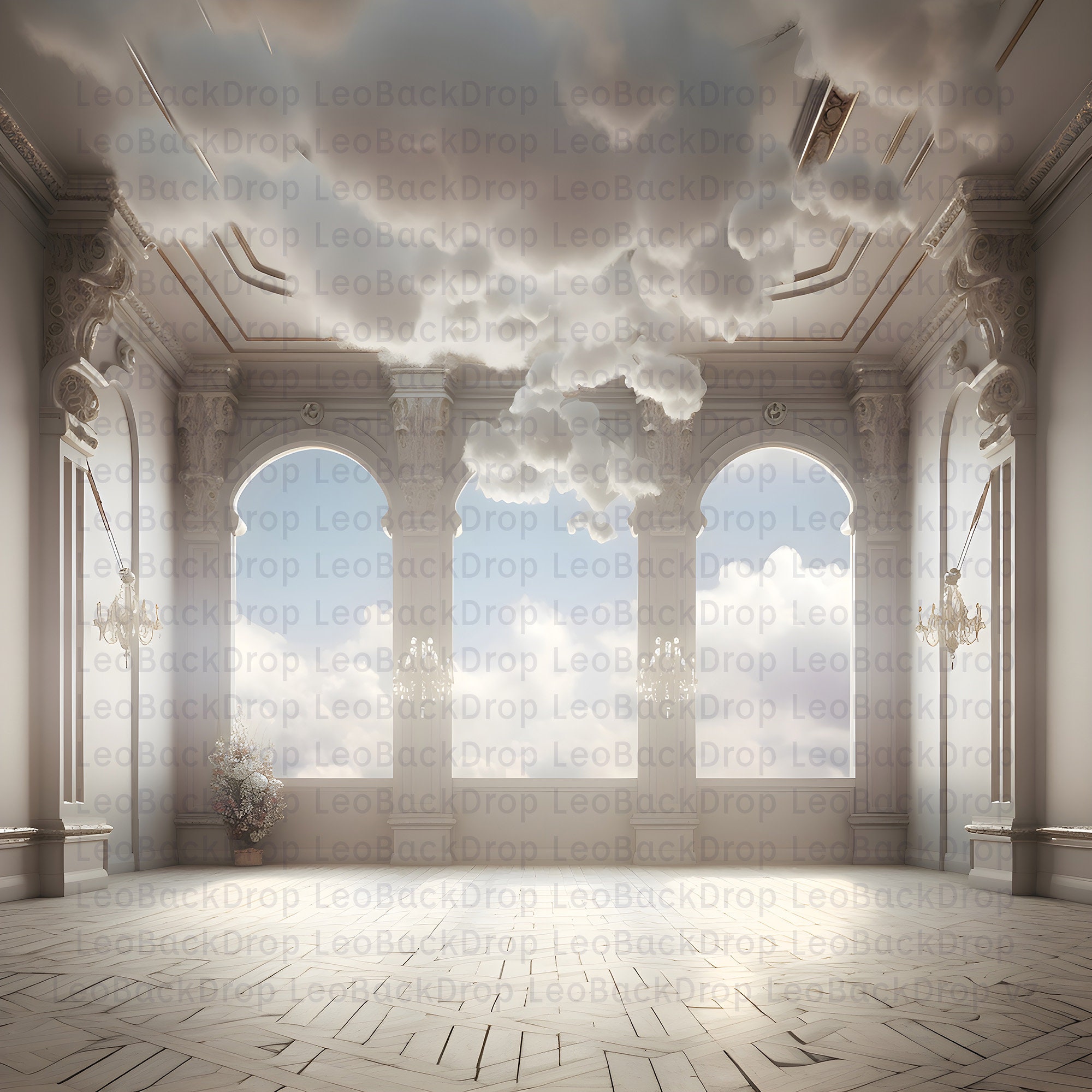 Ethereal Digital Backdrops, Fantasy Cloudy Sky Arches, Dreamlike Rococo ...