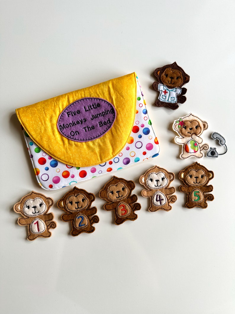 5 Little Monkeys Jumping on the Bed Felt Finger Puppet Story Bag ...