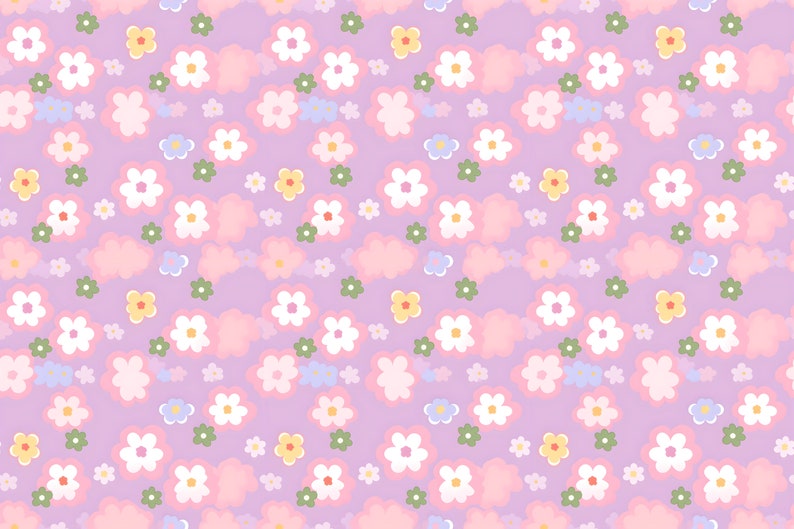 Kawaii Flowers Digital Paper, Cute Flowers Pattern, Pink Floral, Cute Kawaii Art, Seamless ...