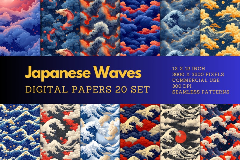 Japanese Traditional Waves Digital Paper, the Great Wave off Kanagawa ...