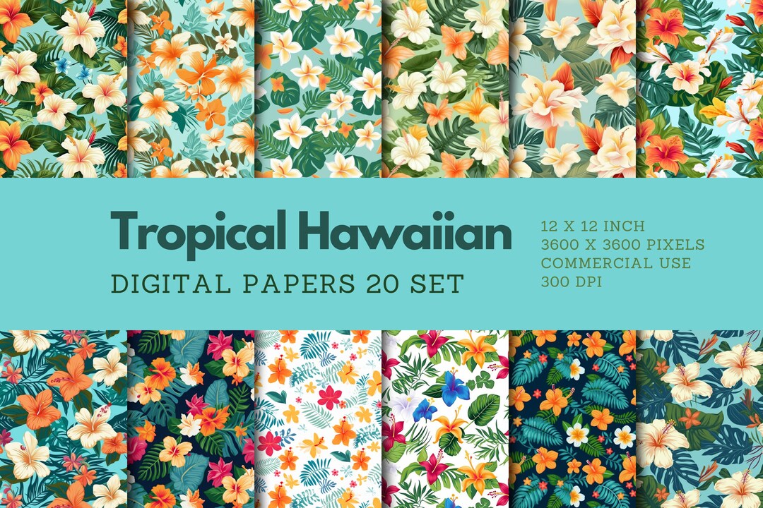 20 Tropical Hawaiian Digital Papers, Pale Flowers, Calm Floral Pattern ...