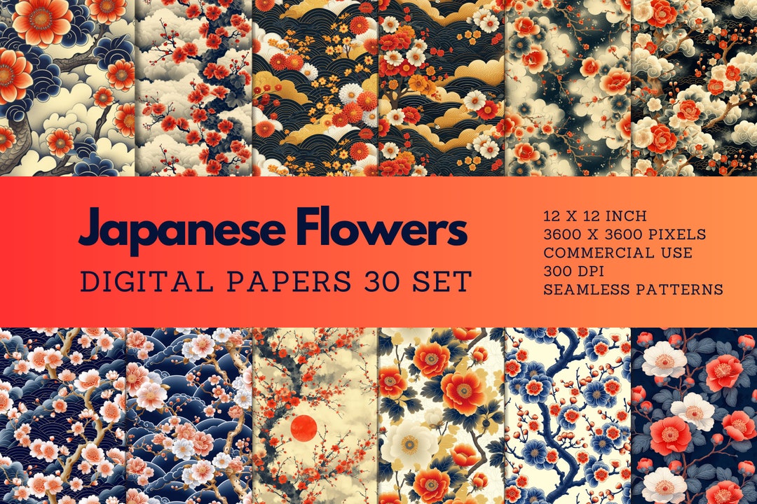 Japanese Traditional Art Flower Digital Prints, Japanese Floral ...