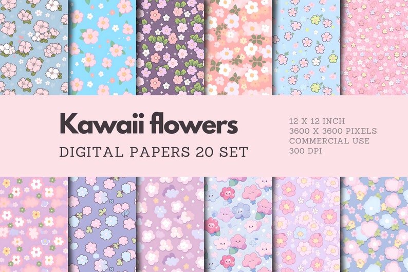 Kawaii Flowers Digital Paper, Cute Flowers Pattern, Pink Floral, Cute ...