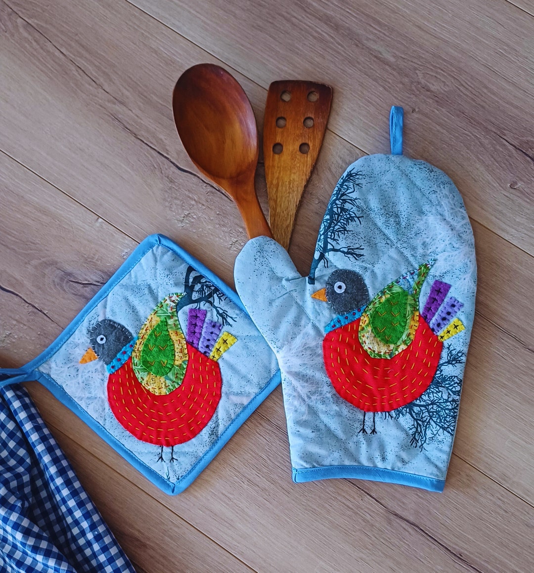 Quilted Kitchen & Oven Mittens Handmade Poplin Felt Decor Double-sided ...