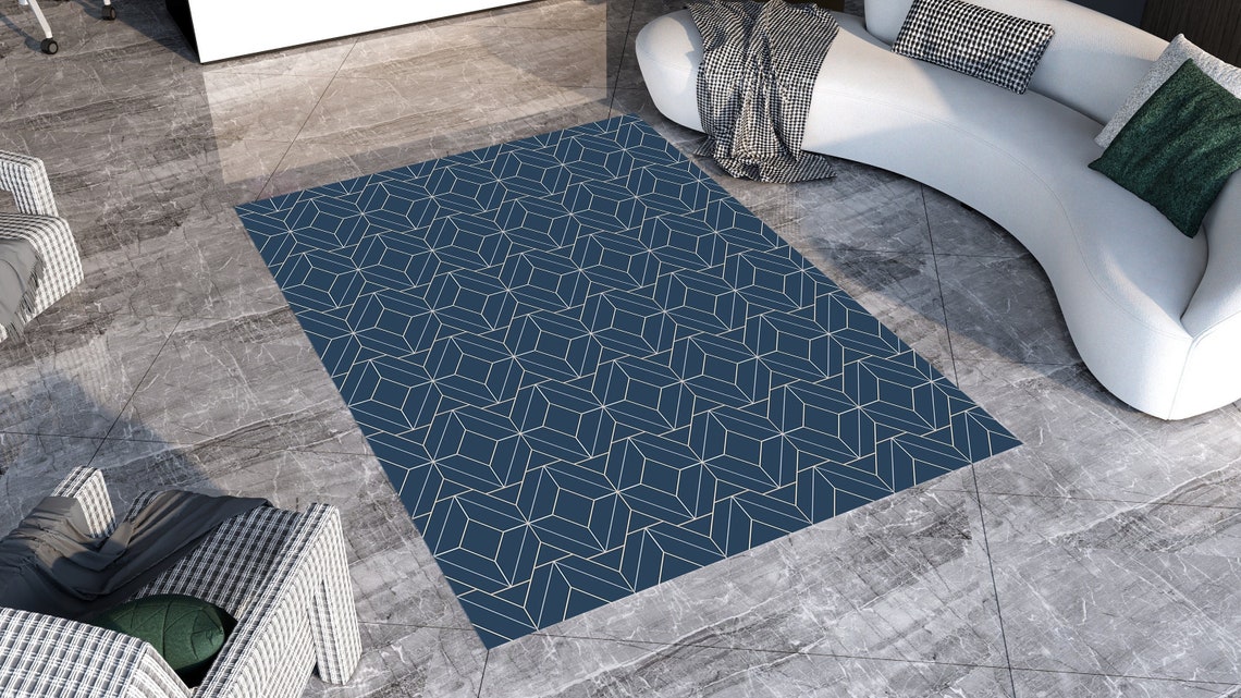 Art Deco Rug Indigo Blue and Beige Rug Area Rug Decorative - Etsy
