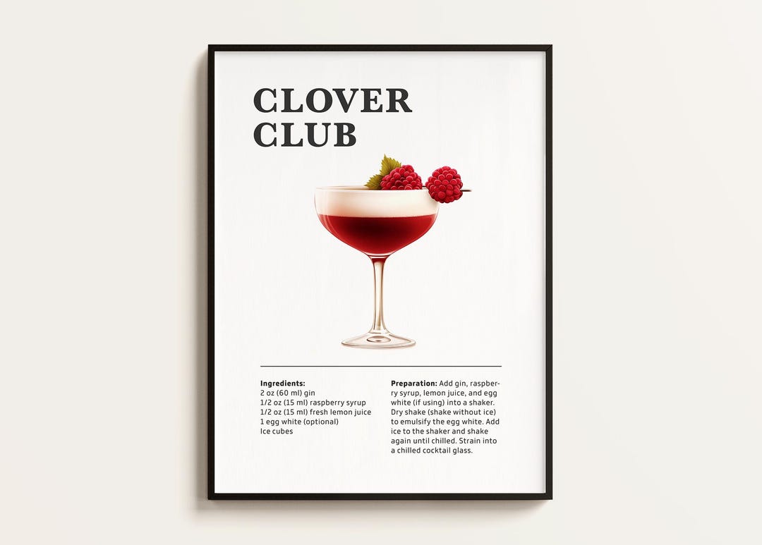 Clover Club Cocktail Poster, Recipe, Cocktail Print, Bar, Kitchen Art ...