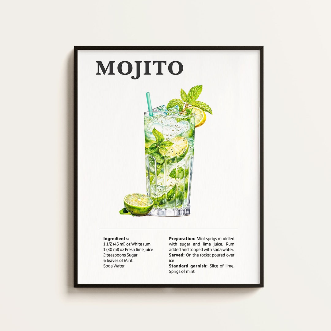 Mojito Poster, Mojito Recipe, Mojito Cocktail Print, Bar, Kitchen Art ...