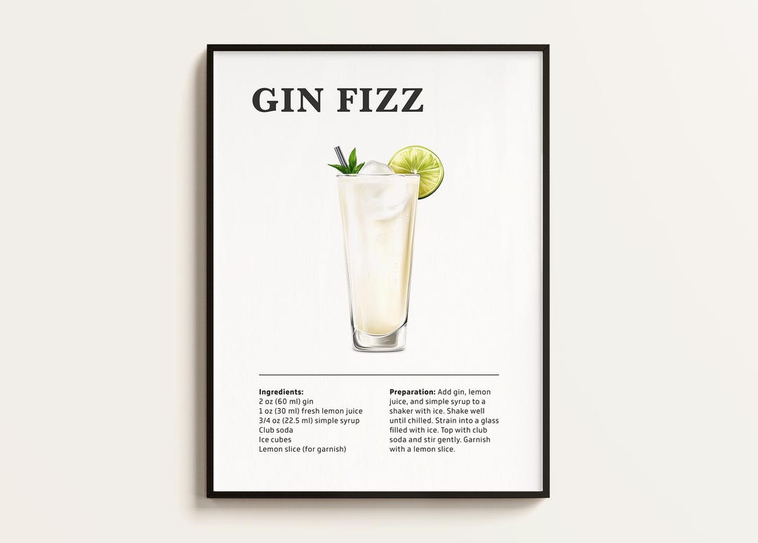 Gin Fizz Cocktail Recipe Poster, Bar Kitchen Wall Art (digital) - Etsy