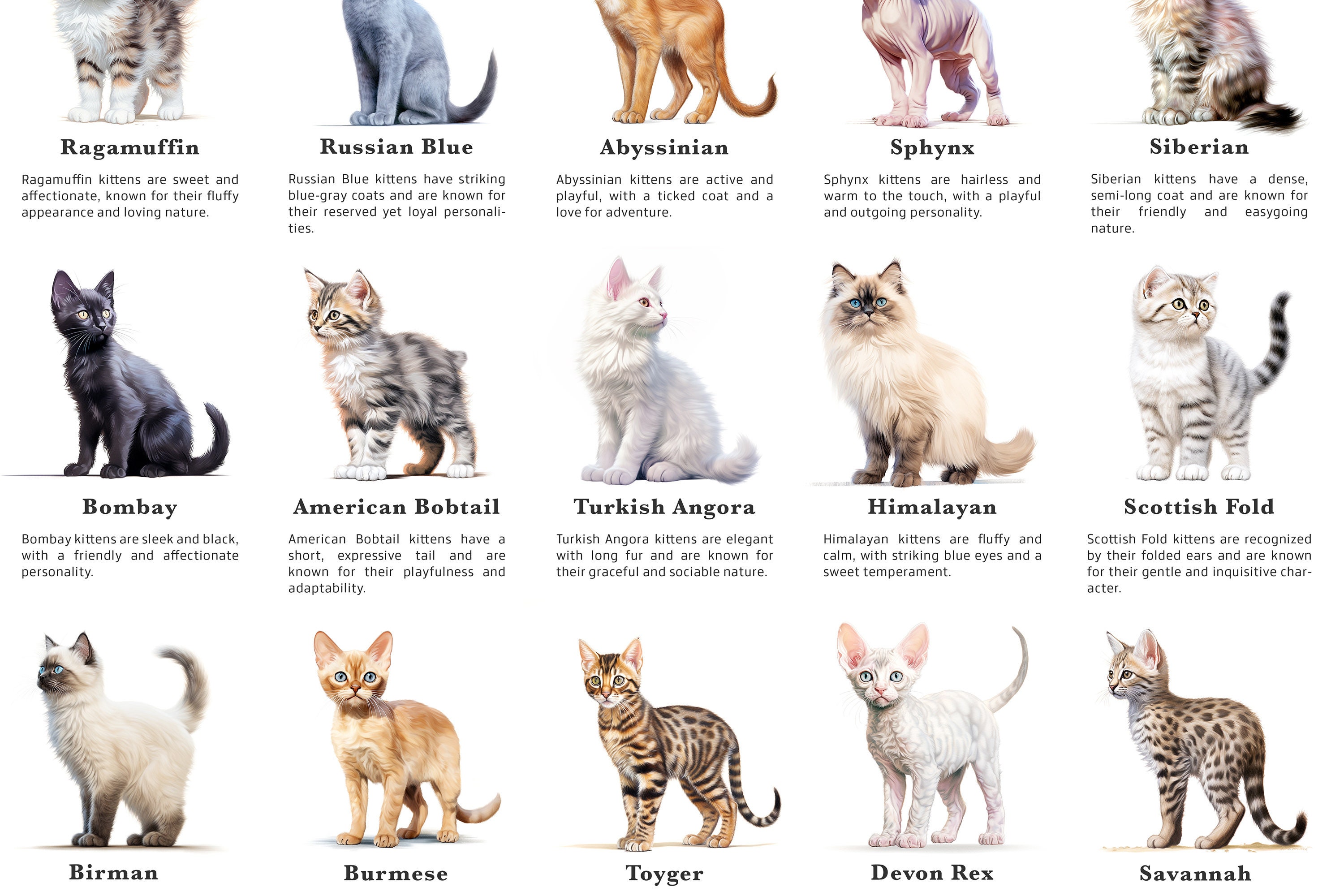 25 Popular Cat Breeds as Kittens, Kittens Breeds Print, Cats Poster ...