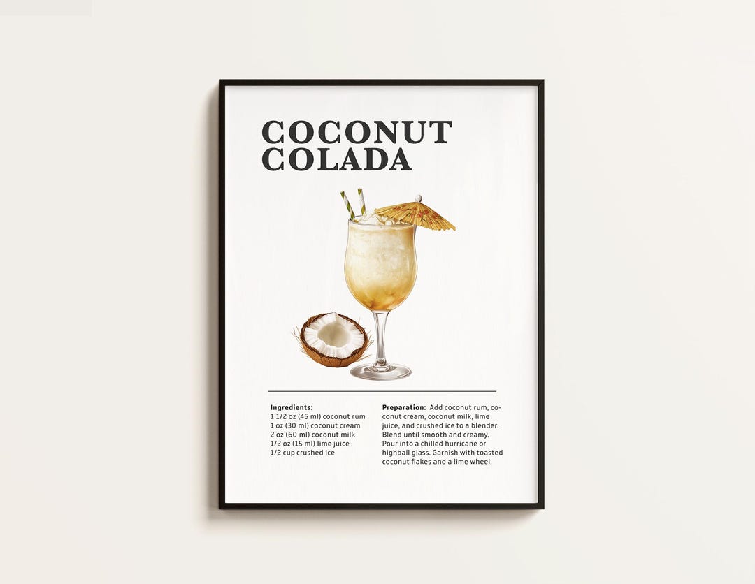 Coconut Colada Poster, Colada Recipe, Cocktail Print, Bar, Kitchen Art ...