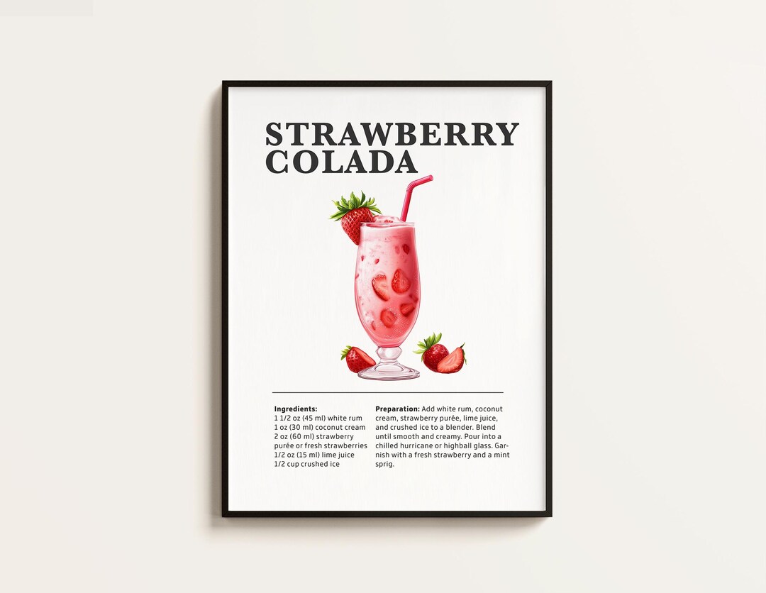Strawberry Colada Poster, Colada Recipe, Cocktail Print, Bar, Kitchen ...