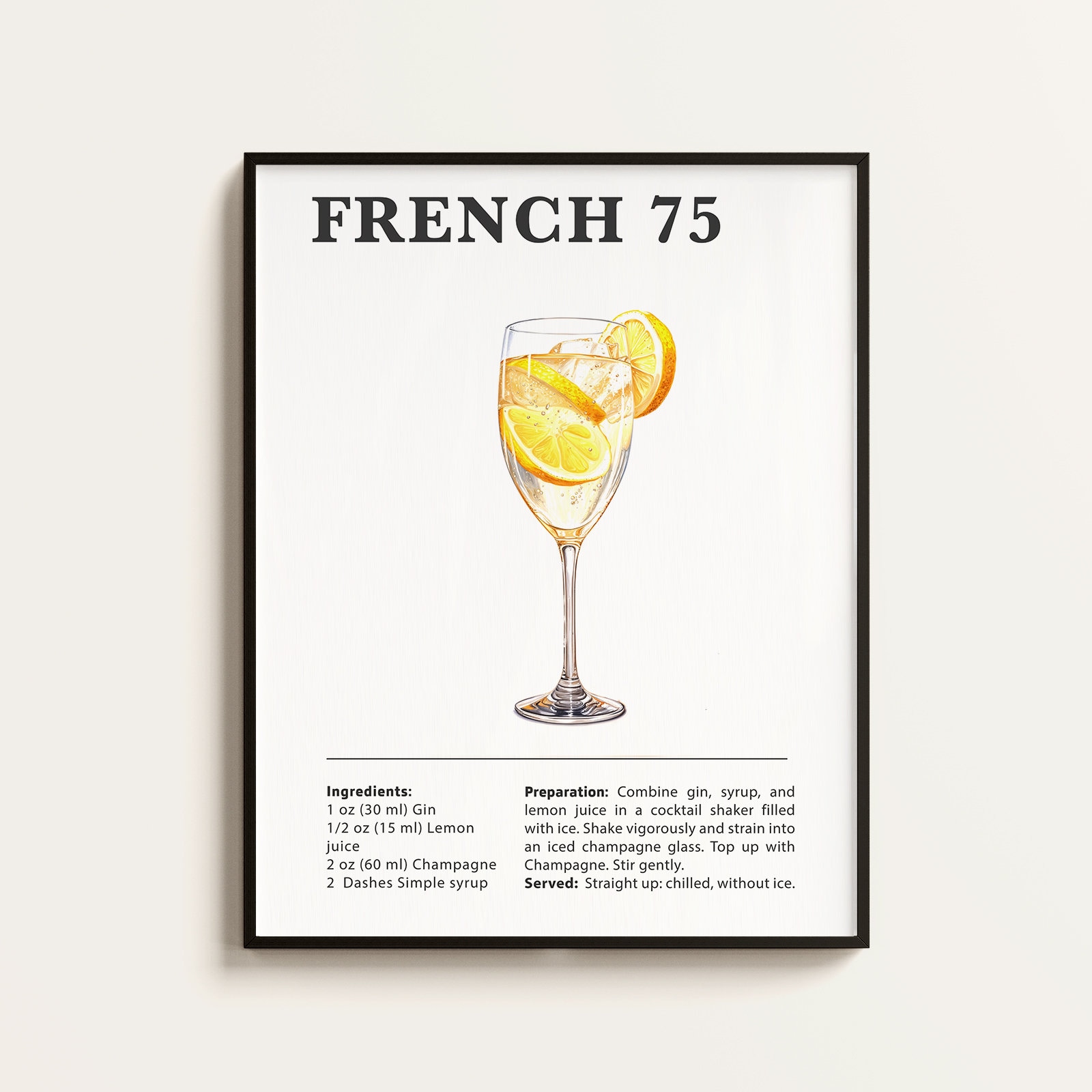 French 75 Poster, French 75 Recipe, Cocktail Print, Bar, Kitchen Art ...