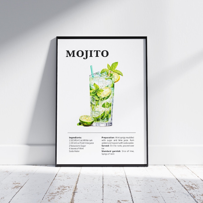 Mojito Poster, Mojito Recipe, Mojito Cocktail Print, Bar, Kitchen Art ...