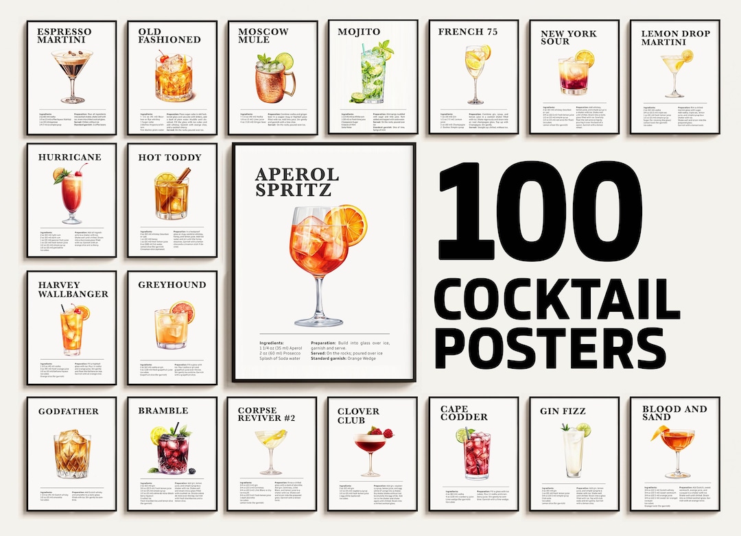 100 Individual Cocktail Posters Bundle, Cocktail Recipes, Barman ...