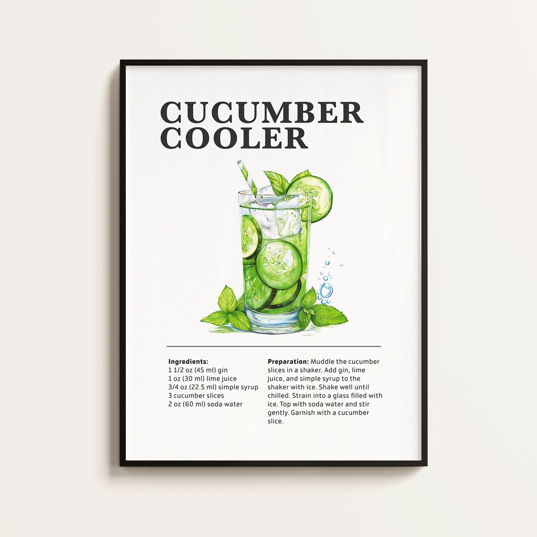 Cucumber Cooler Cocktail Poster, Recipe, Cocktail Print, Bar, Kitchen ...