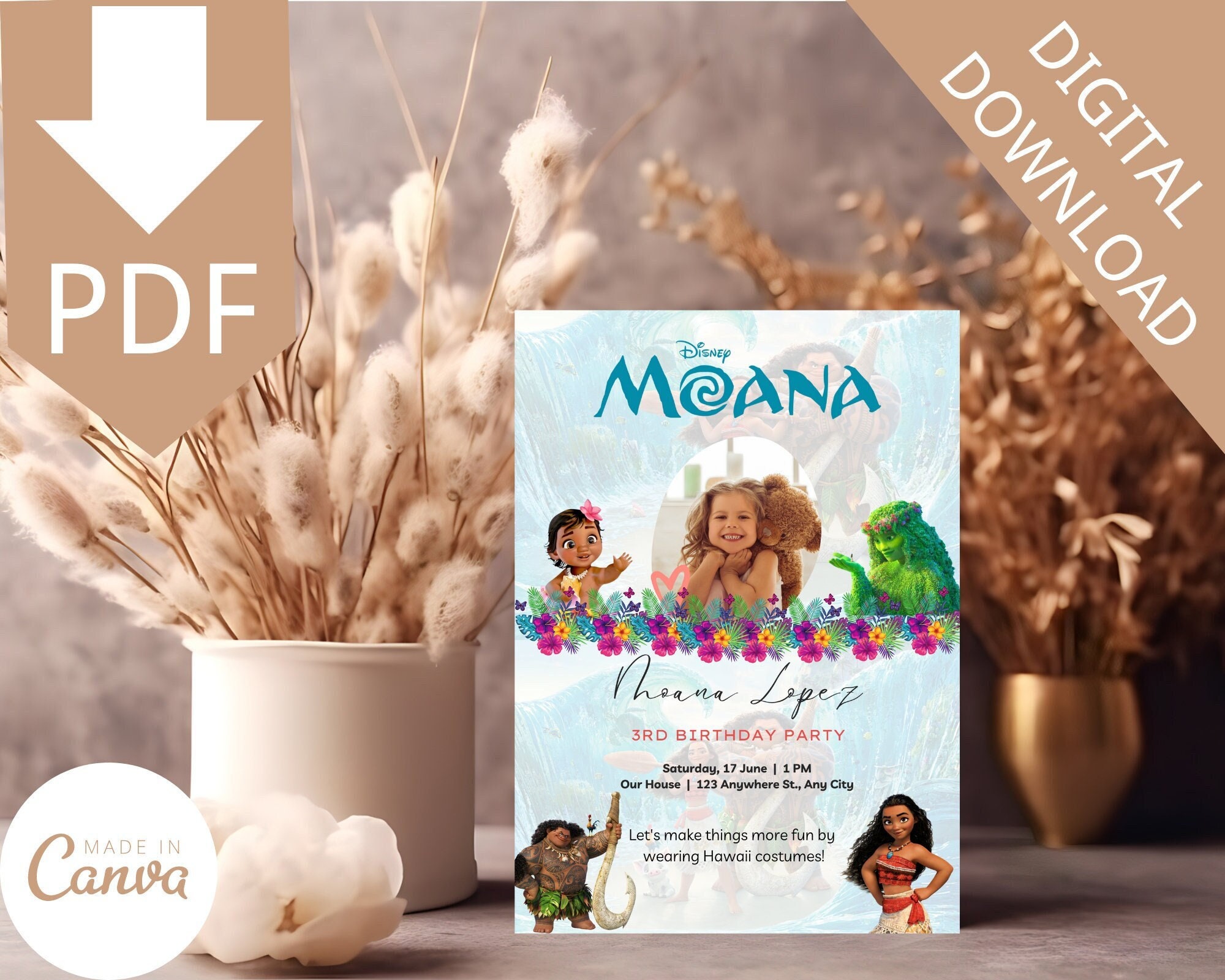 Moana Themed Birthday Party Invitation Card Editable Disney Invitations ...