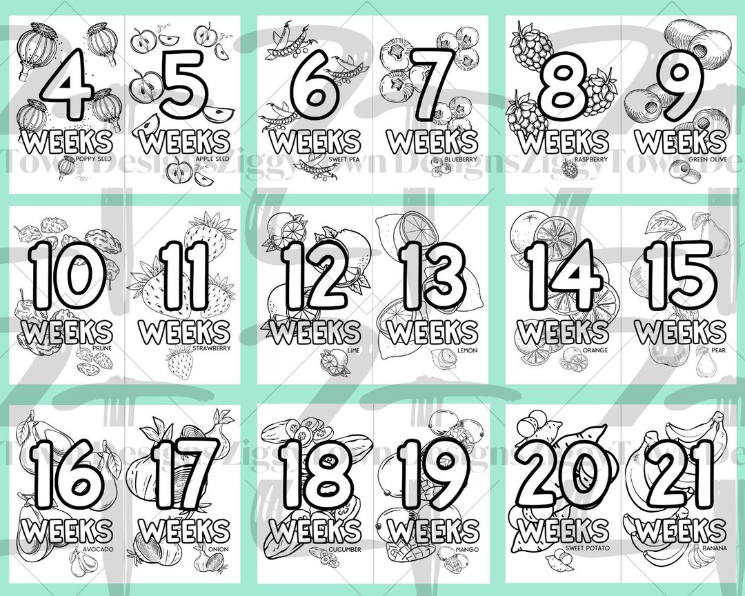 Printable Week by Week Coloring Cards, Pregnancy Fruit Comparisons ...