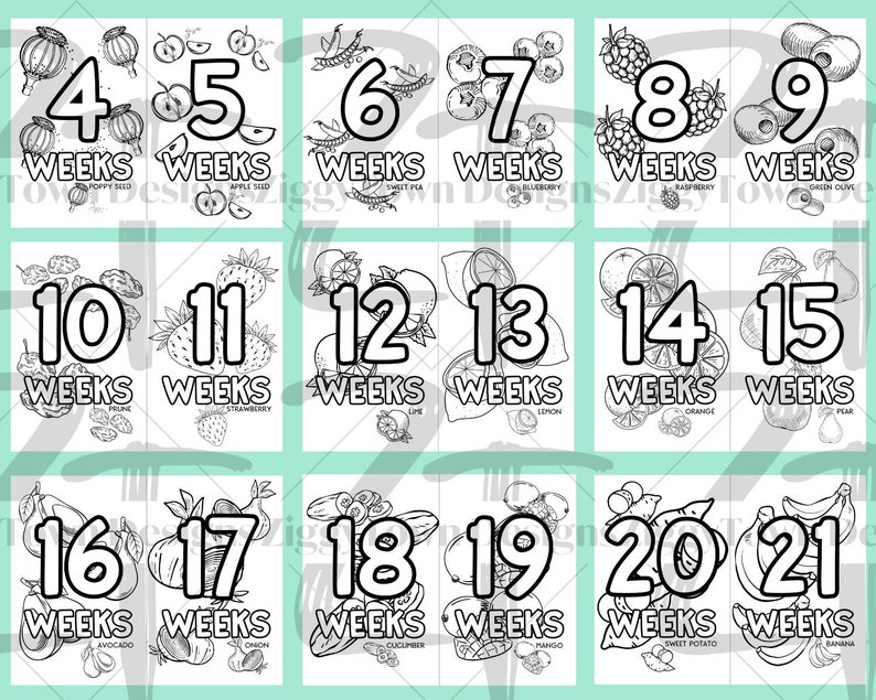 Printable Week by Week Coloring Cards, Pregnancy Fruit Comparisons ...
