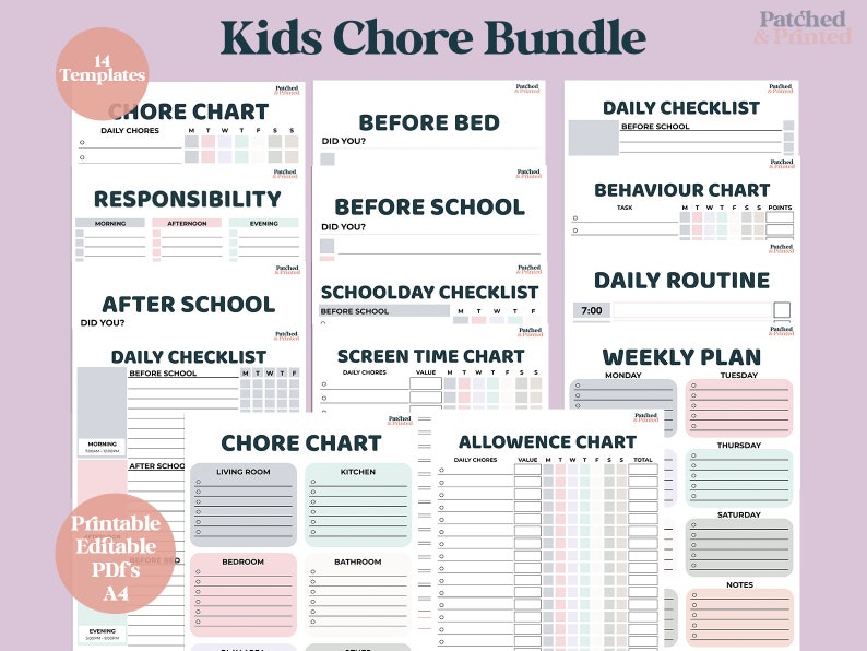 Kids Chore Charts, Editable and Printable, Reward, Allowance, Screen ...