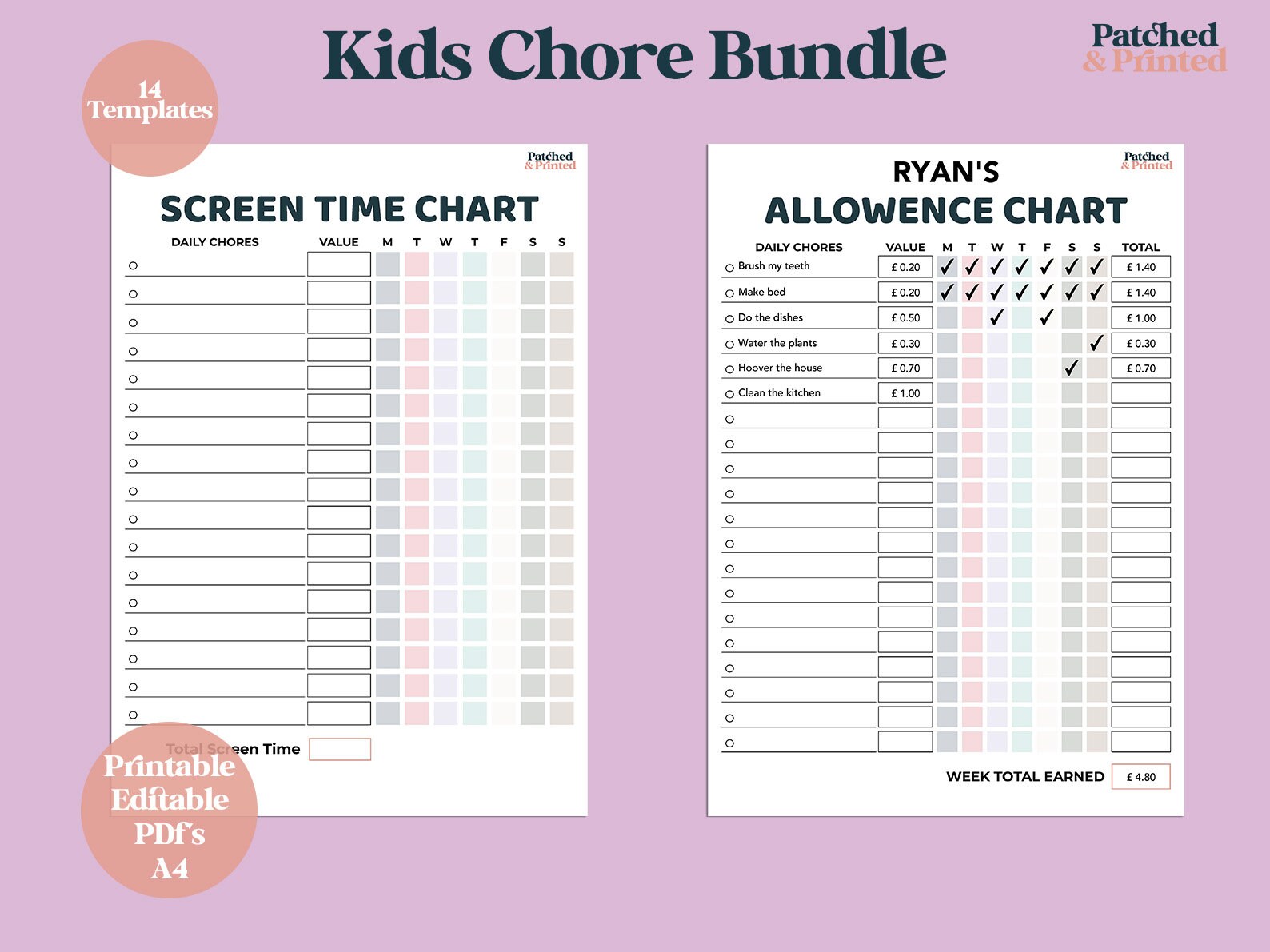 Kids Chore Charts, Editable and Printable, Reward, Allowance, Screen ...