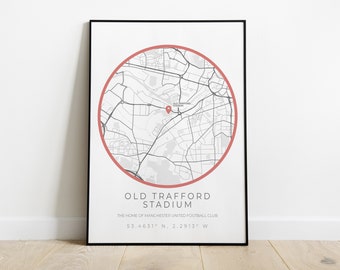 Old Trafford Stadium Map Print, Manchester United Club Location Map or ...
