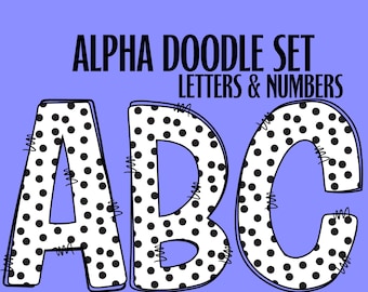 Commercial Use Doodle Letters & Numbers Blue White Polka Dot Filled ...