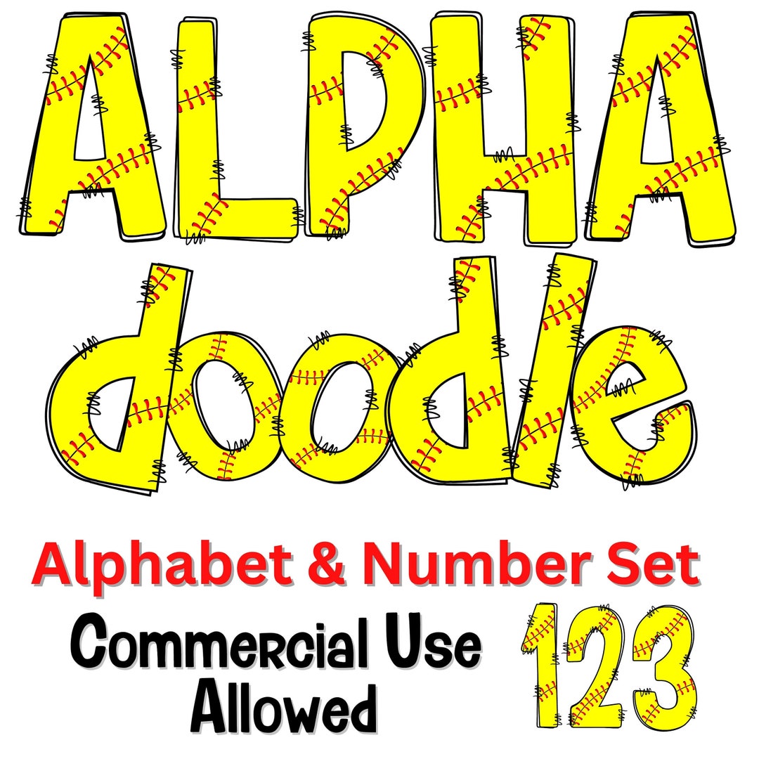 Alpha Doodle Softball Filled Letters Numbers PNG Alpha Softball PNG Set ...