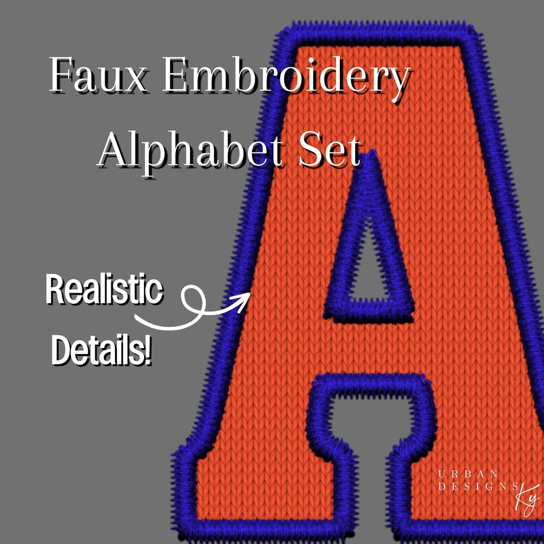 Faux Embroidery Alpha Set, Orange Knit Blue Embroidery Letters, Faux Patch Sport Athletic PNG ...