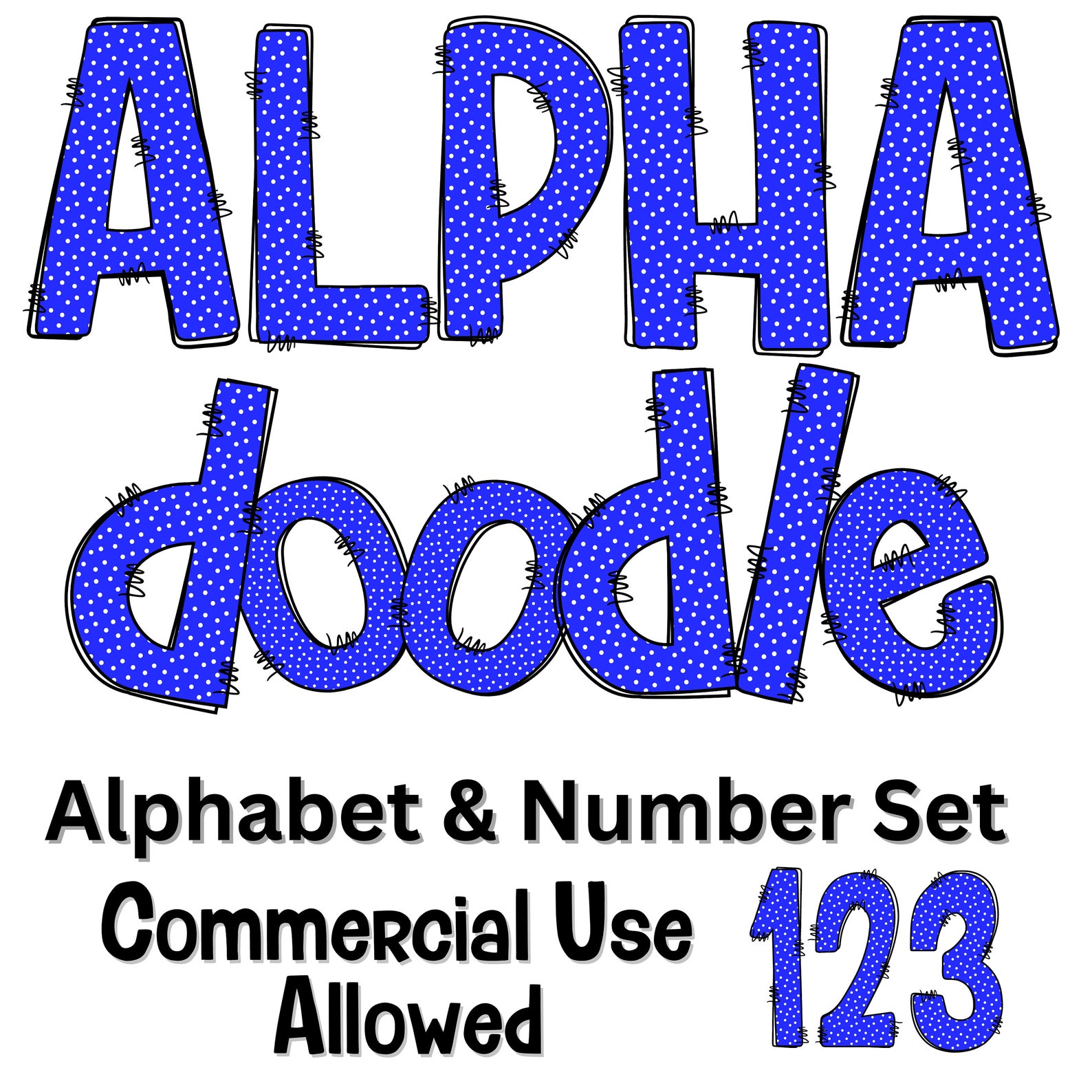 Commercial Use Doodle Letters & Numbers Blue White Polka Dot Filled ...