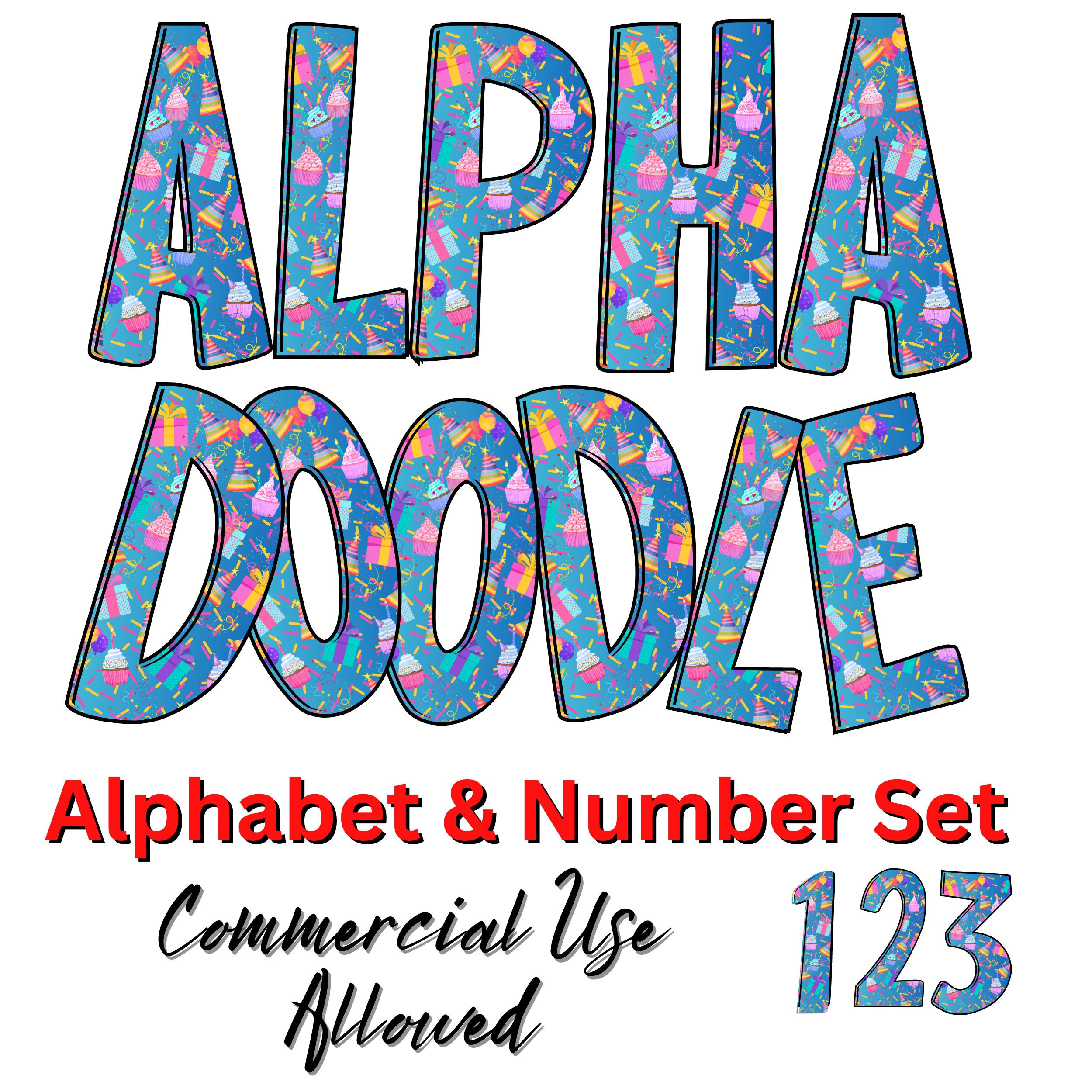 Birthday Alpha Doodle PNG Set Commercial Use Letters Numbers PNG Alpha ...
