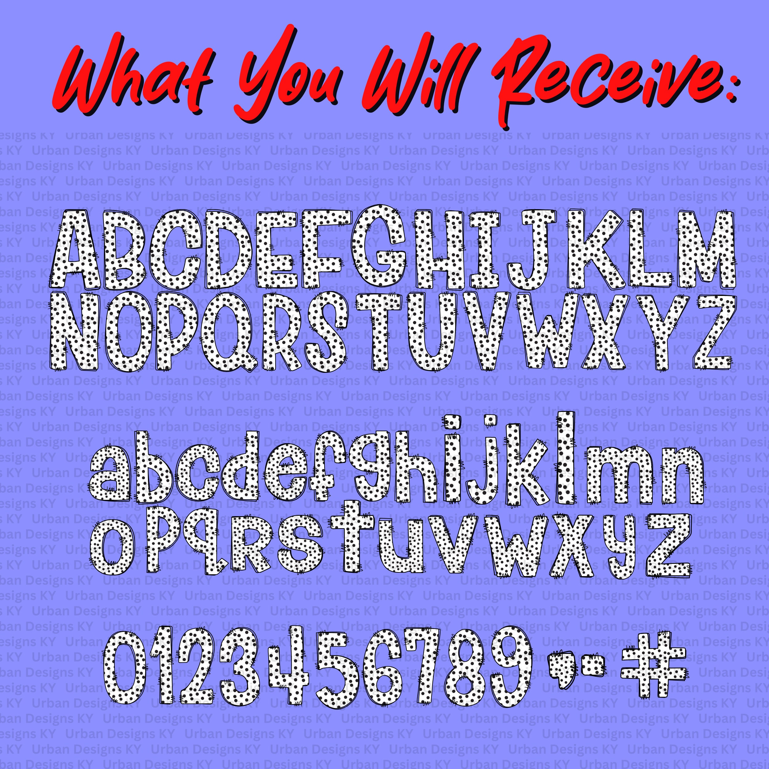 Commercial Use Doodle Letters & Numbers White Black Polka Dot Filled ...