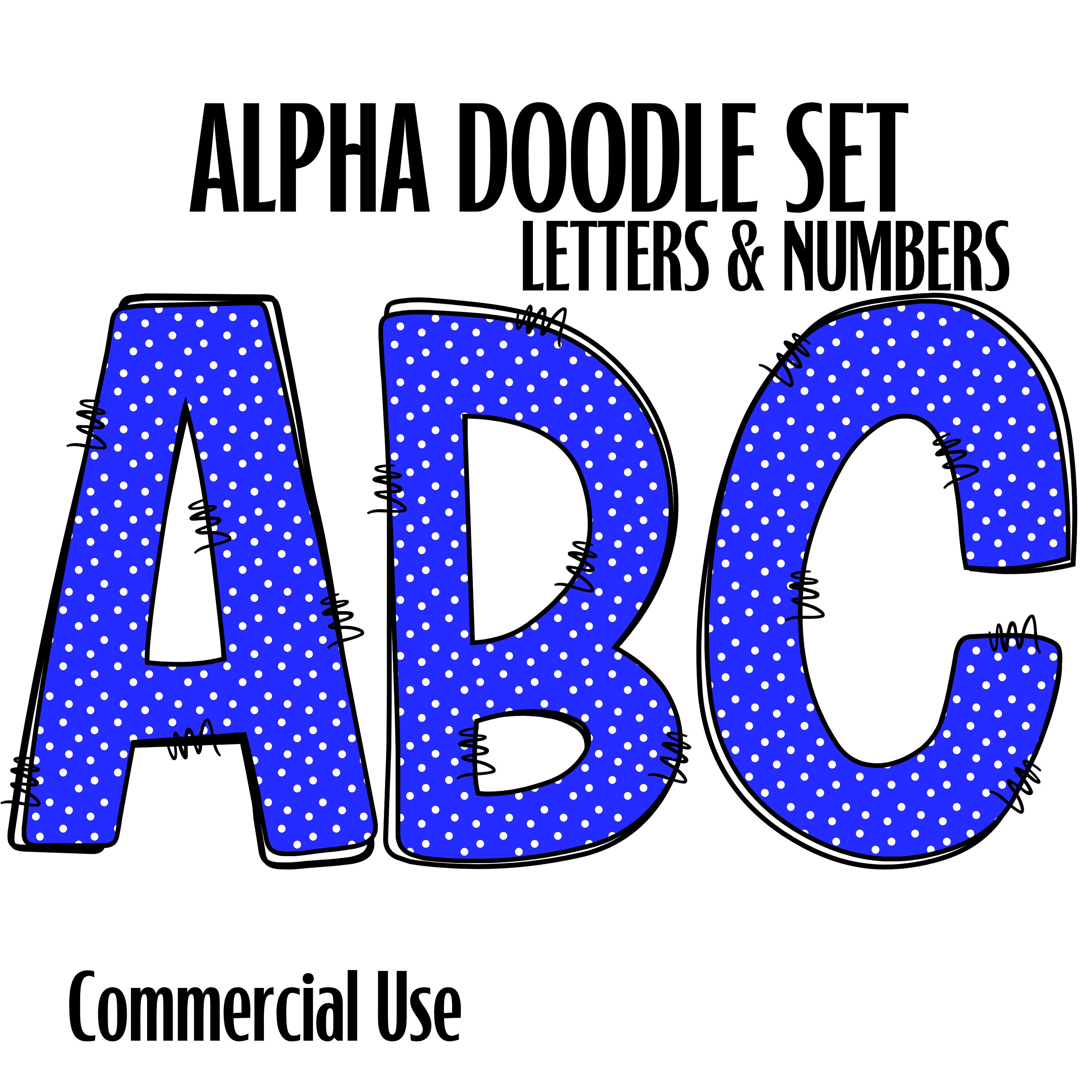 Commercial Use Doodle Letters & Numbers Blue White Polka Dot Filled ...