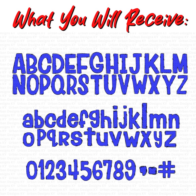 Commercial Use Doodle Letters & Numbers Blue White Polka Dot Filled ...