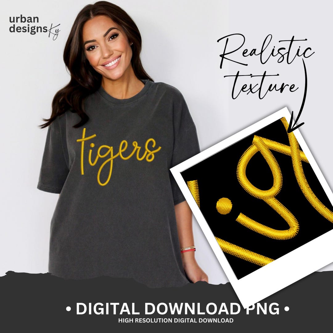 Tigers Realistic Faux Embroidery Cursive Script, Faux Patch Sport ...