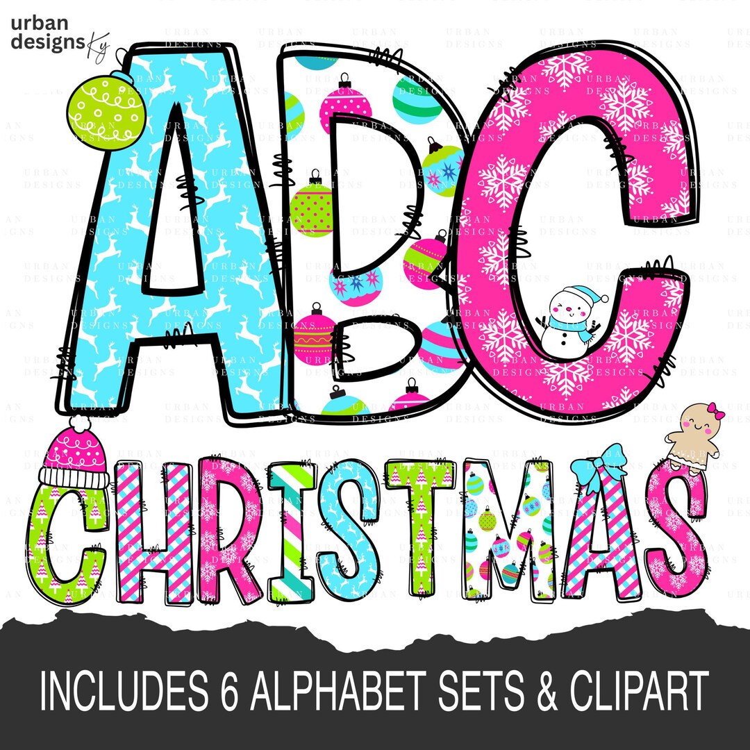 Bright Christmas Alphabet Set, Christmas Doodle Alphabet Hand Drawn ...