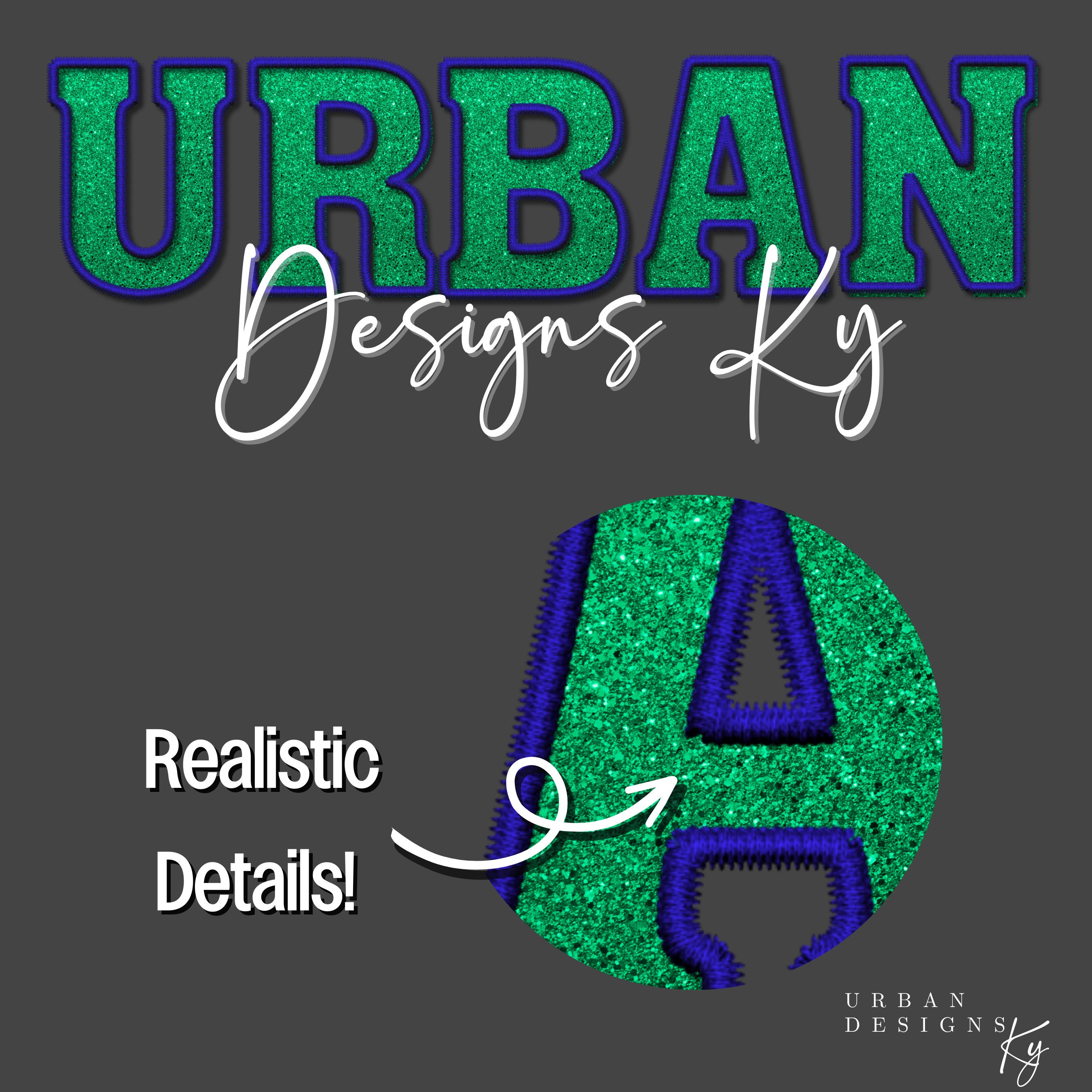 Faux Embroidery Alpha Set, Green Glitter Blue Embroidery, Jags, Faux Patch Sports Athletic, PNG ...