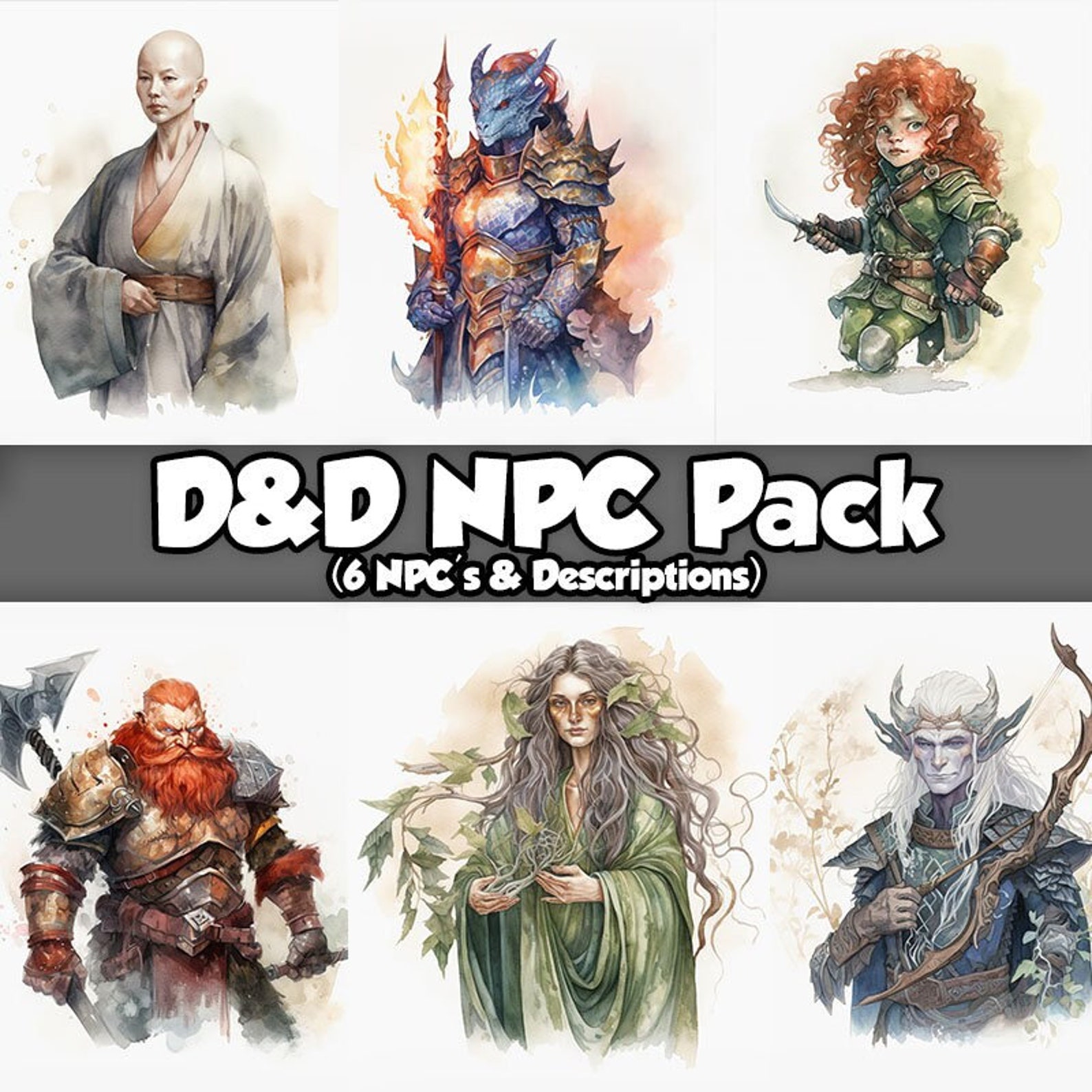 D&D NPC Card Pack || 6 Characters/details || Watercolour PNG || Instant ...