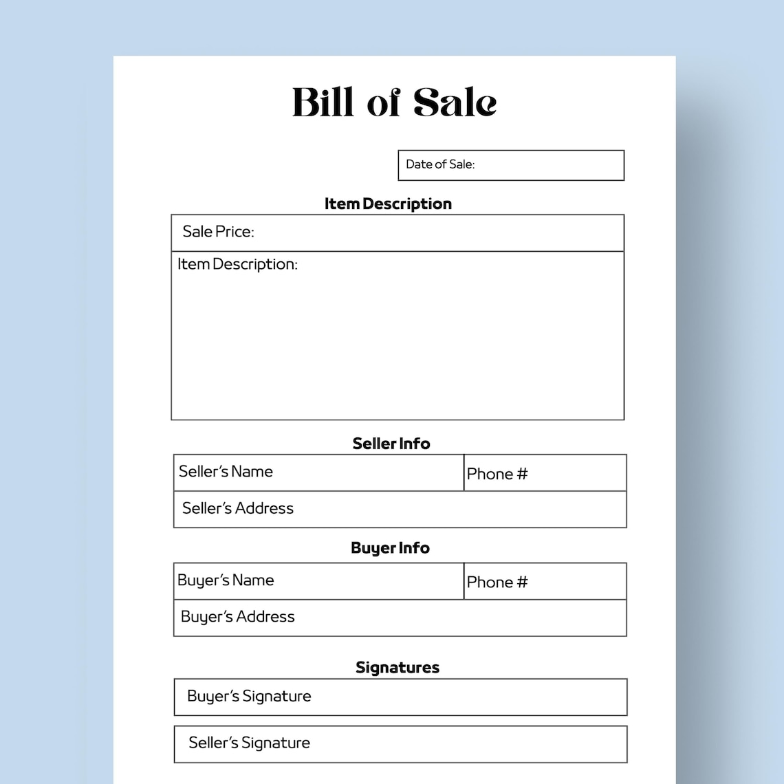 Digital Bill of Sale | Editable Bill of Sale Form | Printable Bill of ...