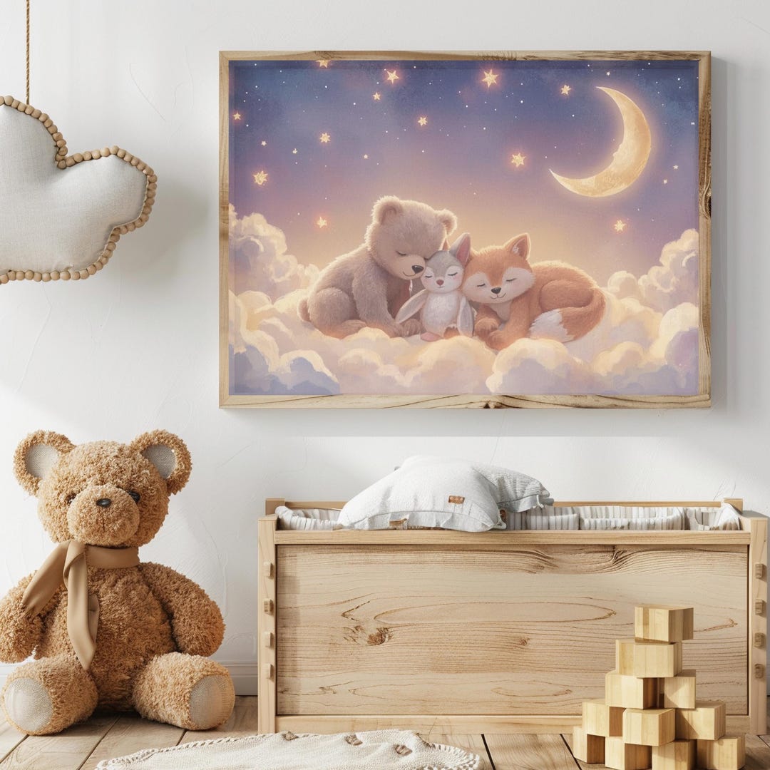 Nursery Wall Art, Dreamy Bedtime Poster, Watercolor Animals, Moon Stars ...