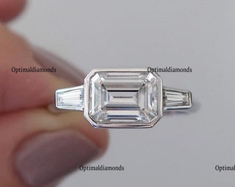 East West Ring Emerald Cut Green Moissanite Ring Cluster Engagement ...
