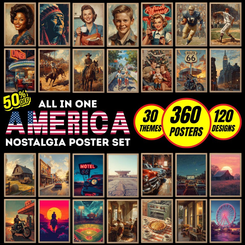 360+ Americana Nostalgia Poster Bundle | Retro USA Wall Art Decor ...