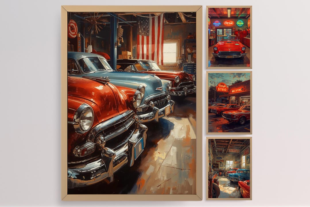Classic American Car Garage Poster Retro Oil Painting Americana Wall ...