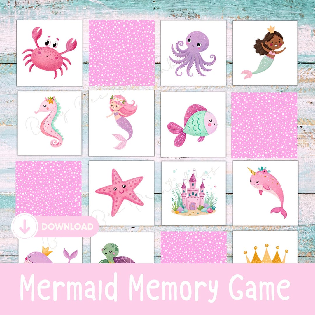 Mermaid Matching Game, Printable Memory Game for Kids, Mermaid Party ...