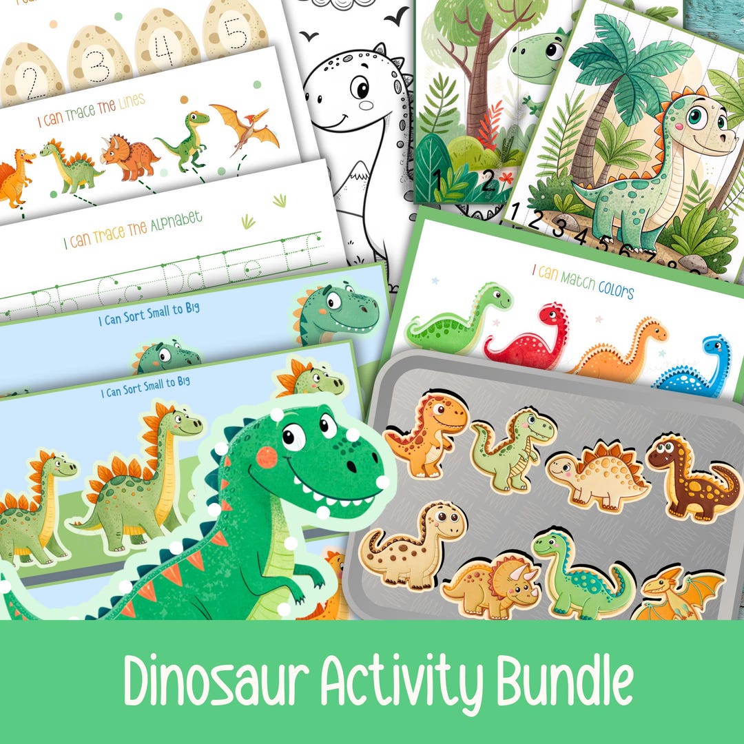 Dinosaur Preschool Activity Bundle, Color & Shape Matching, Tracing ...