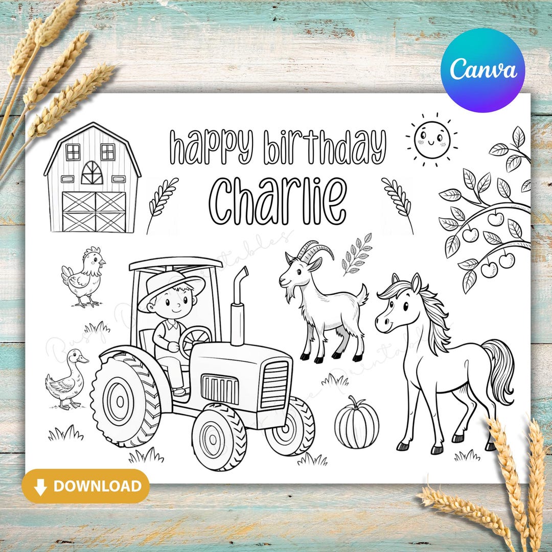 Farm Birthday Colouring Page, Farm Animal Party Placemat, Personalised ...