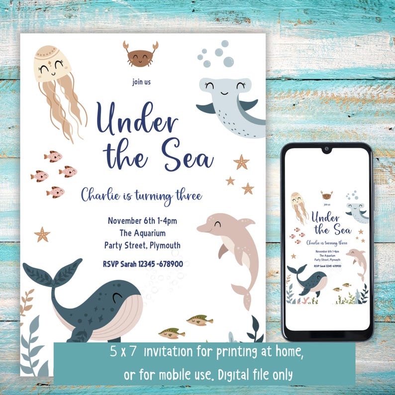 Editable Sea Animals Birthday Invitation Template, Under the Sea ...